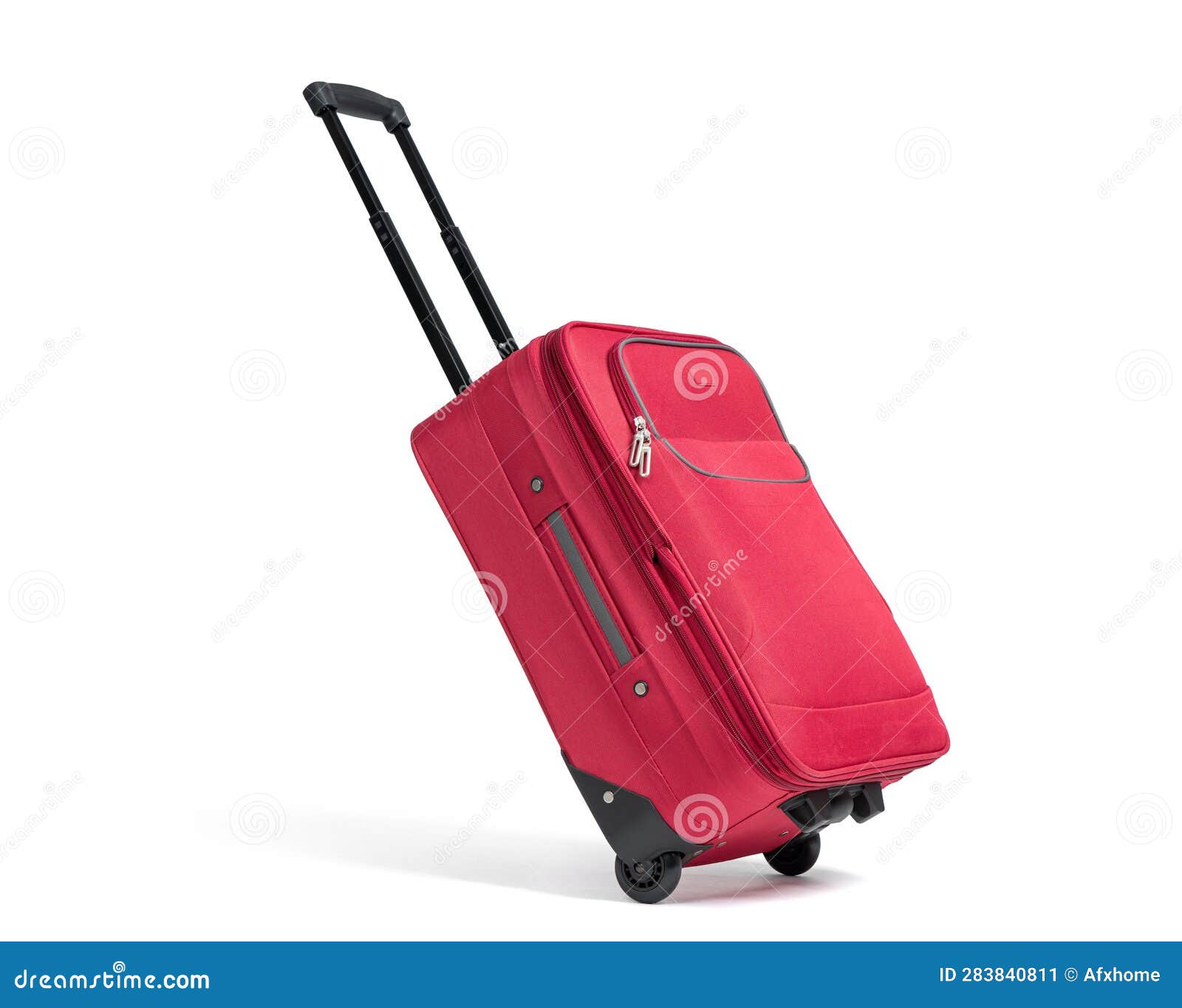 Red Suitcase on Wheels with the Handle Extended in the Running Position ...