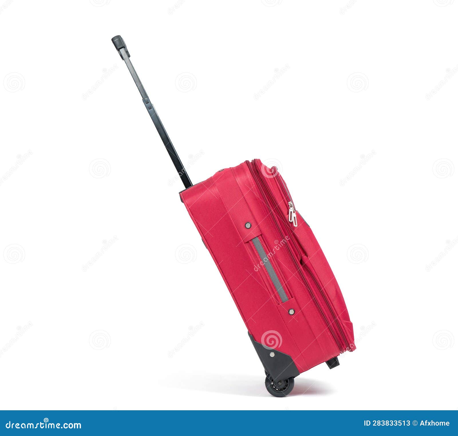 Red Suitcase on Wheels with the Handle Extended in the Running Position ...
