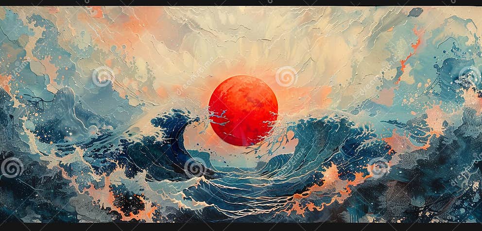 Red Sun Over Ocean Waves Illustration Stock Image - Image of horizon ...
