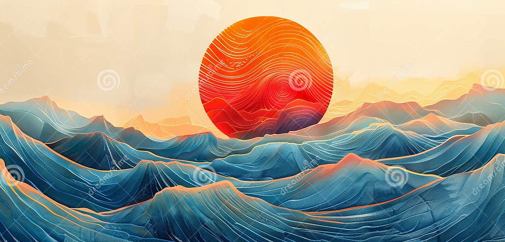 Red Sun Over Ocean Waves Illustration Stock Illustration - Illustration ...