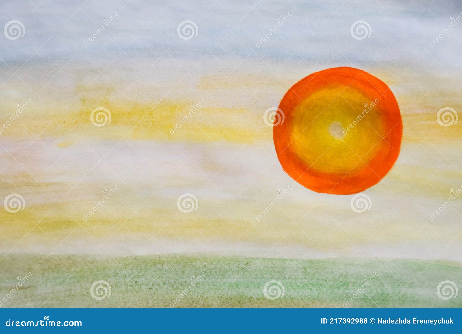 Red Sun at Sunset in Sky. Drawing with Watercolor. Stock Illustration ...