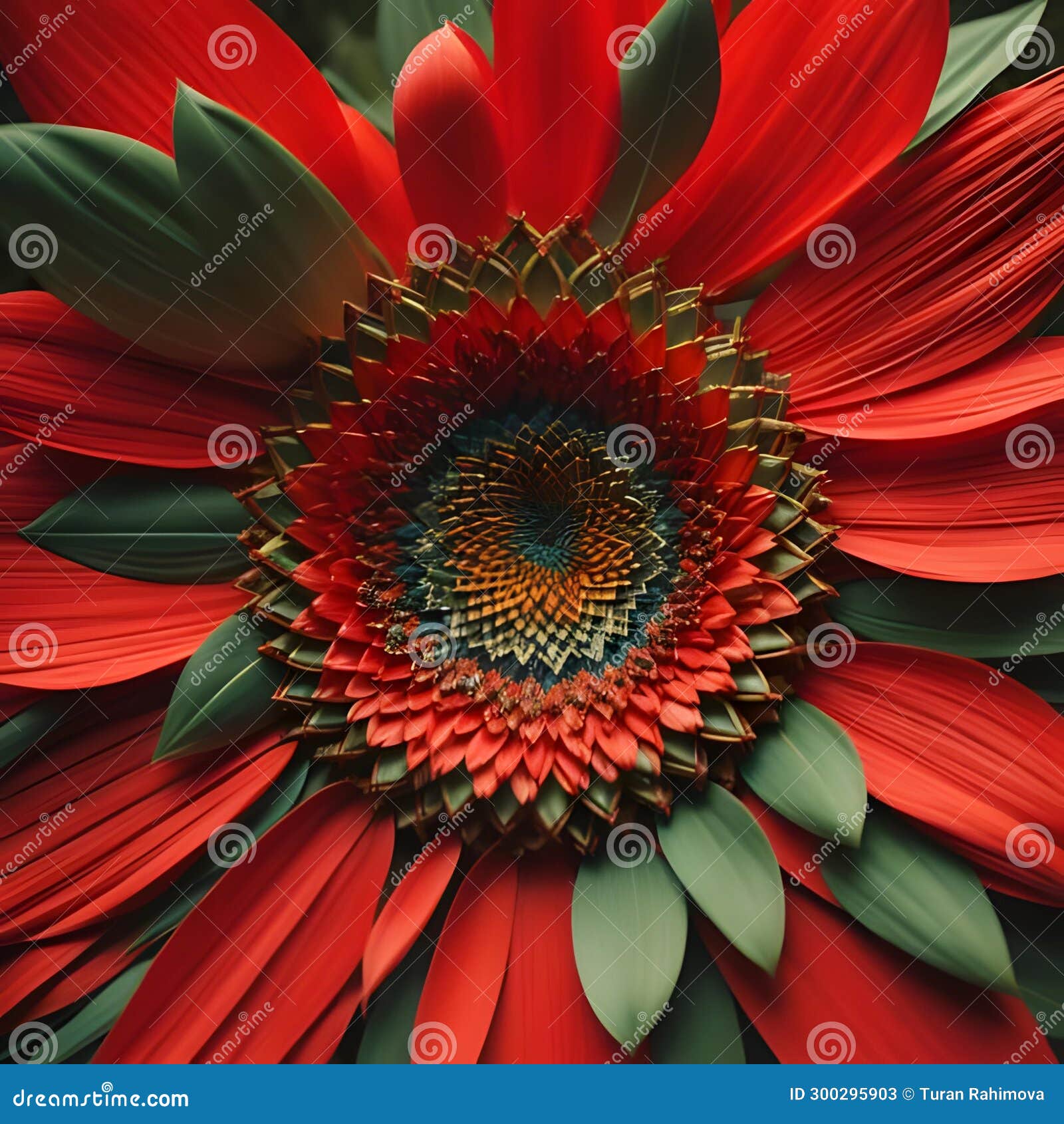 A Red Sunflower with Green Leaves in the Middle. Generative Ai Stock ...