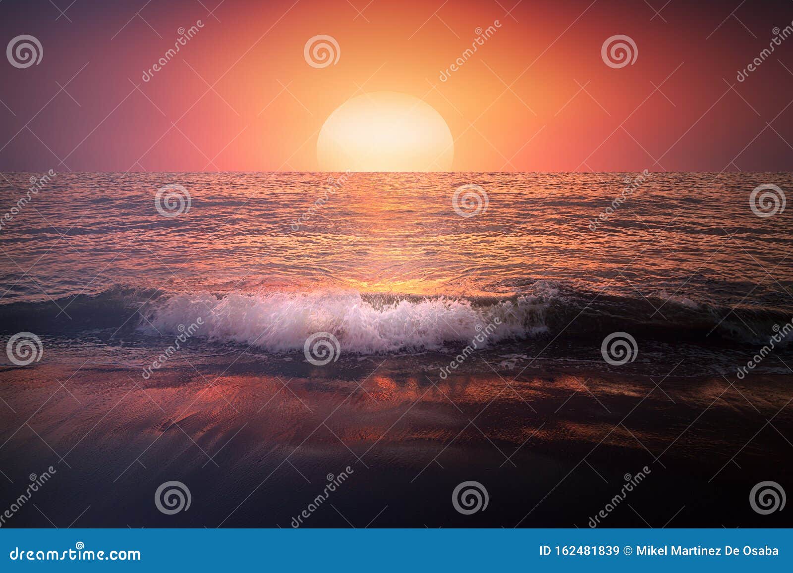 Red Sunset on Beach with a Wave on the Shore Stock Image - Image of ...