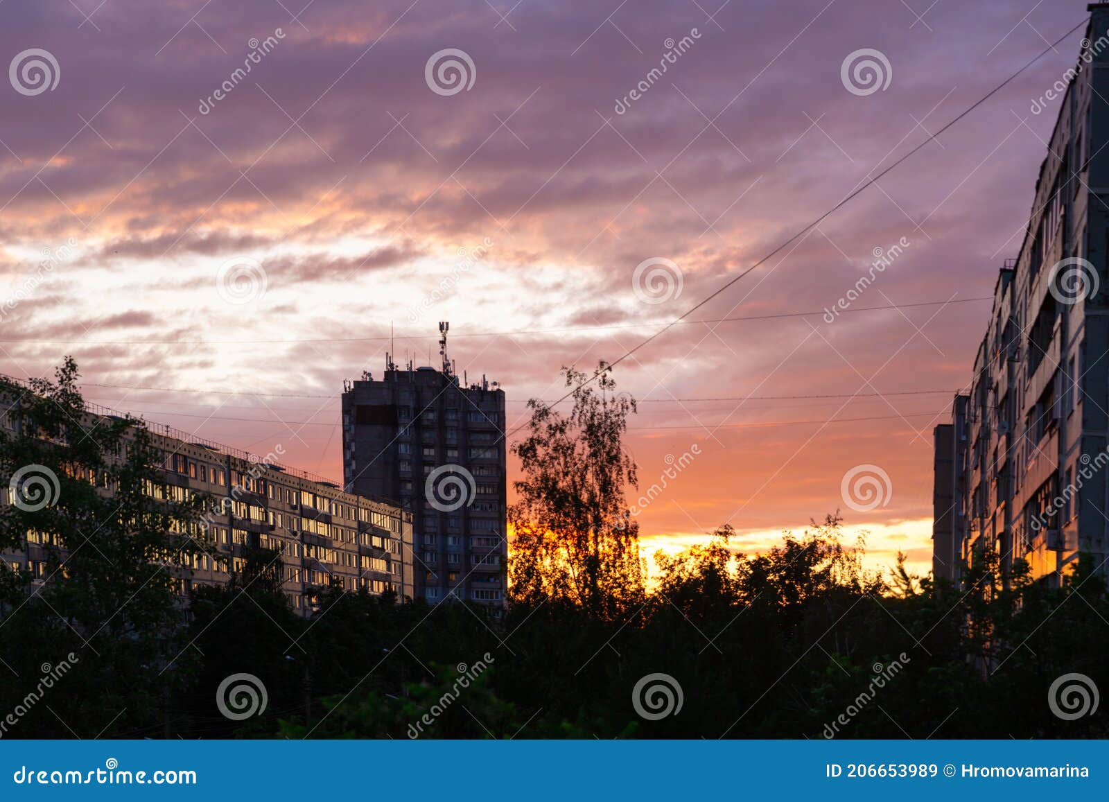 Red sunset in the city. stock image. Image of orange - 206653989