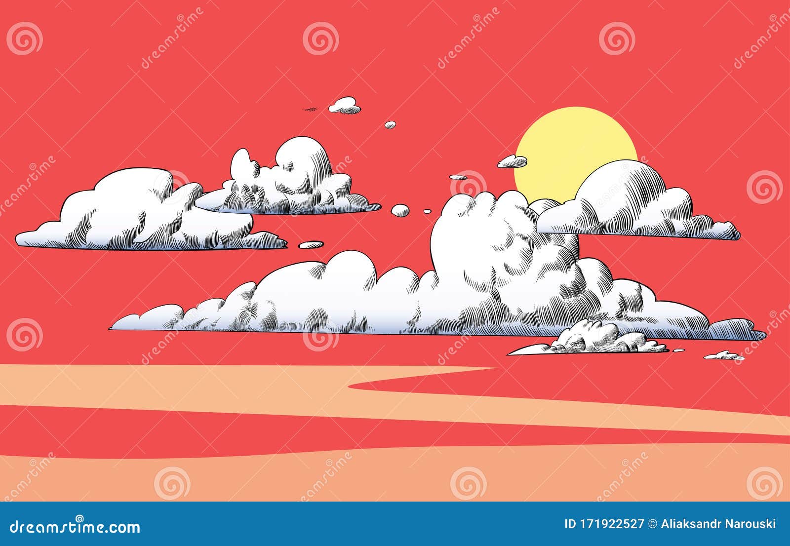 Red Sunset in the Clouds. Engraving Style Stock Vector - Illustration ...