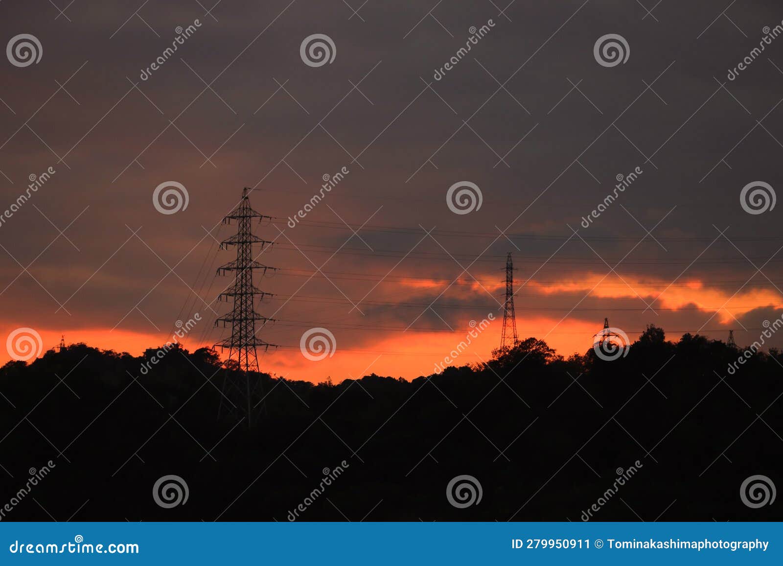 Red Sunset with Electrical Towers Stock Image - Image of night, horizon ...