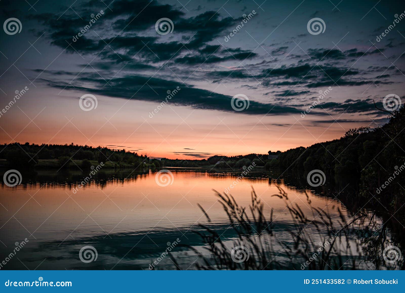 Red sunset on the lake stock photo. Image of evening - 251433582
