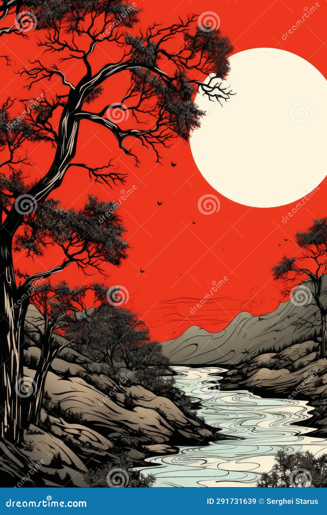 A Red Sunset with a Tree and a River, AI Stock Image - Image of sunset ...