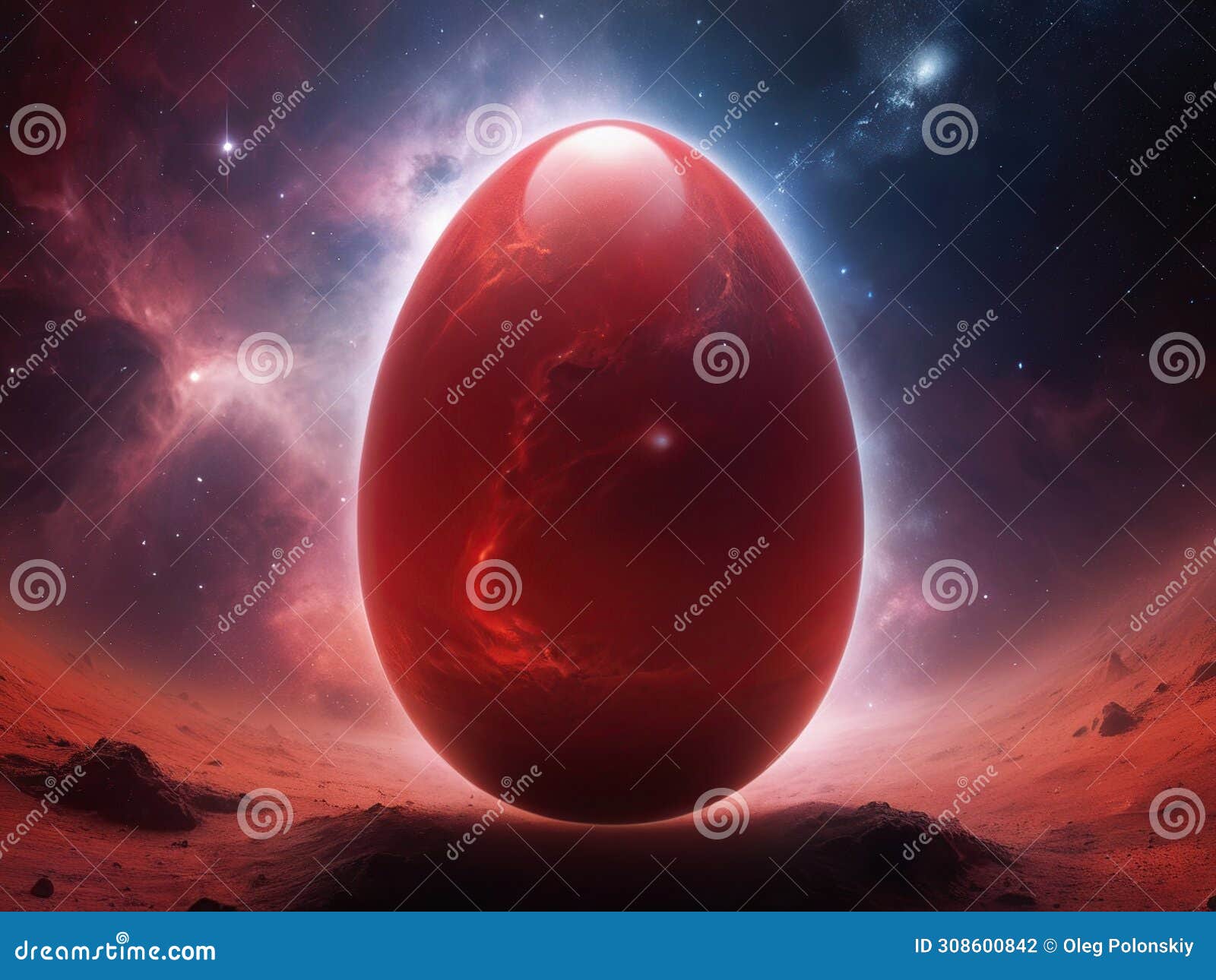Red Surrealistic Egg on the Planets in Space Stock Illustration ...