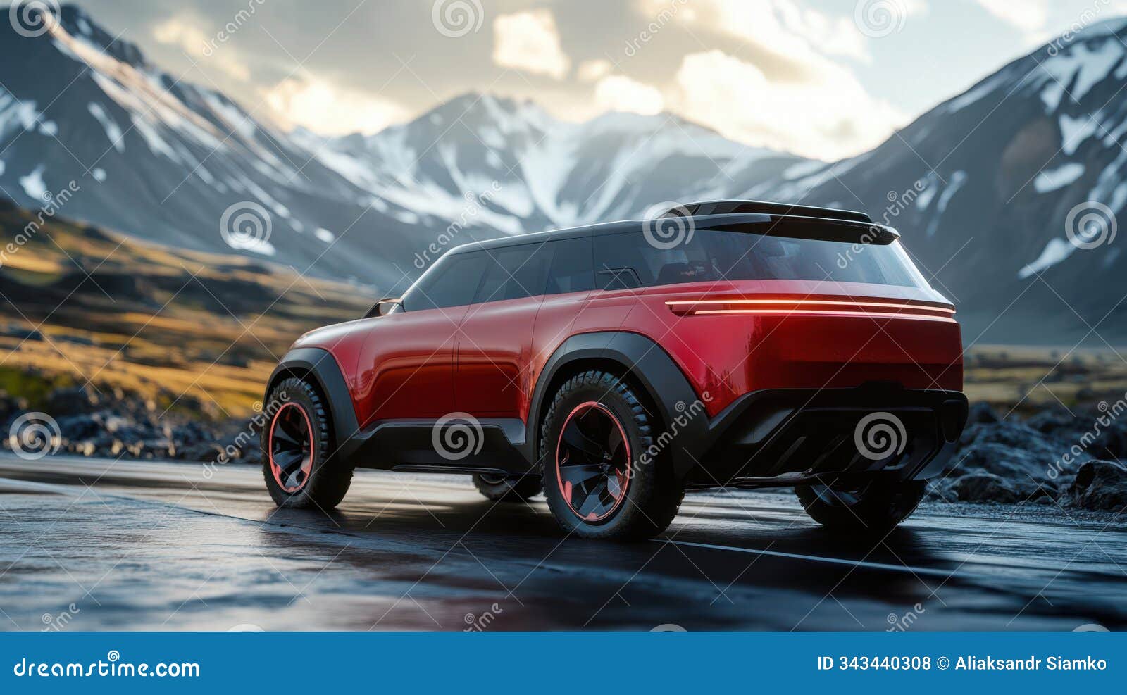 Red SUV on an Open Road with Scenic Mountain Backdrop Stock ...