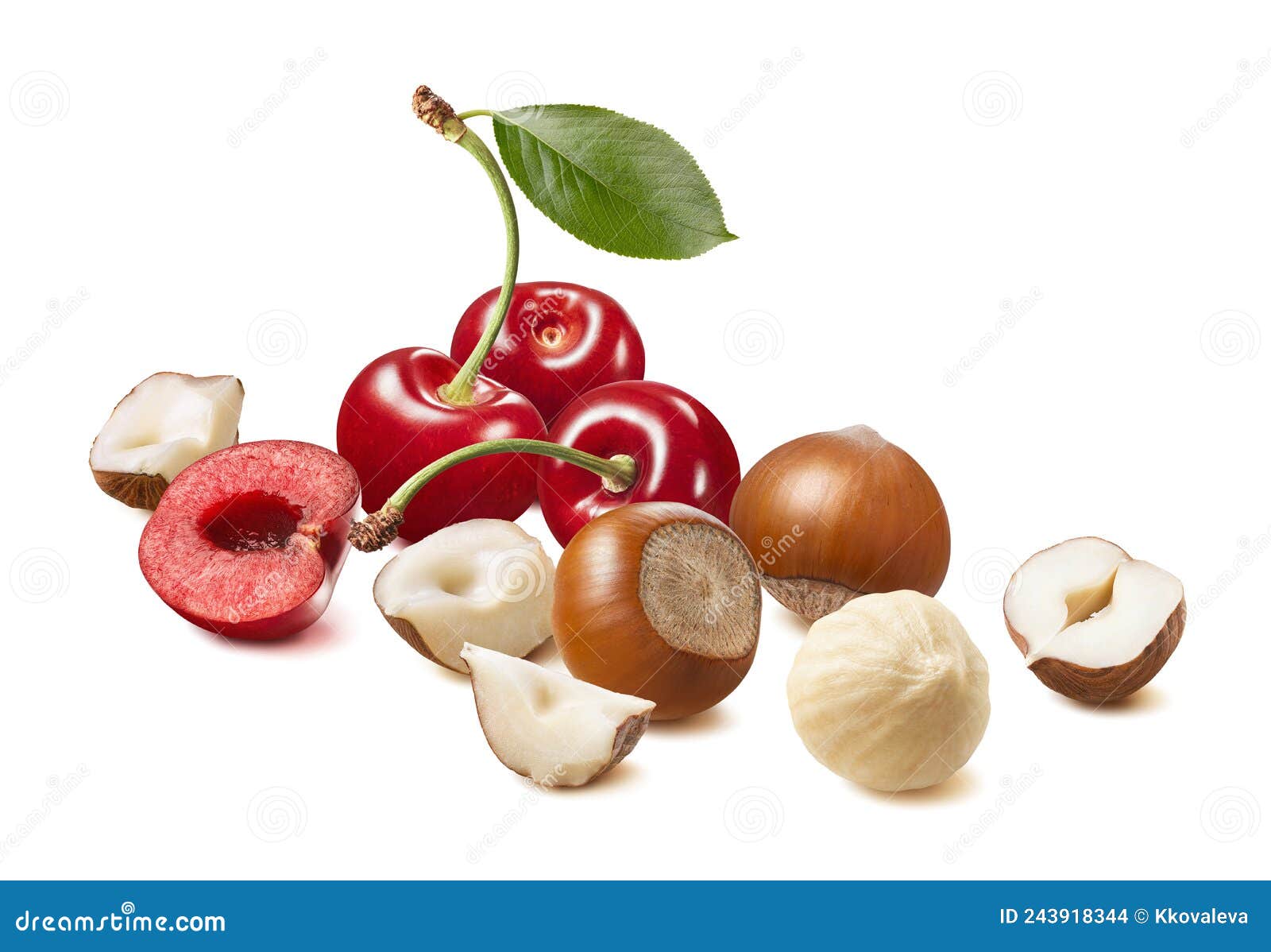 Red Sweet Cherries and Hazelnuts Isolated on White Background. Whole ...