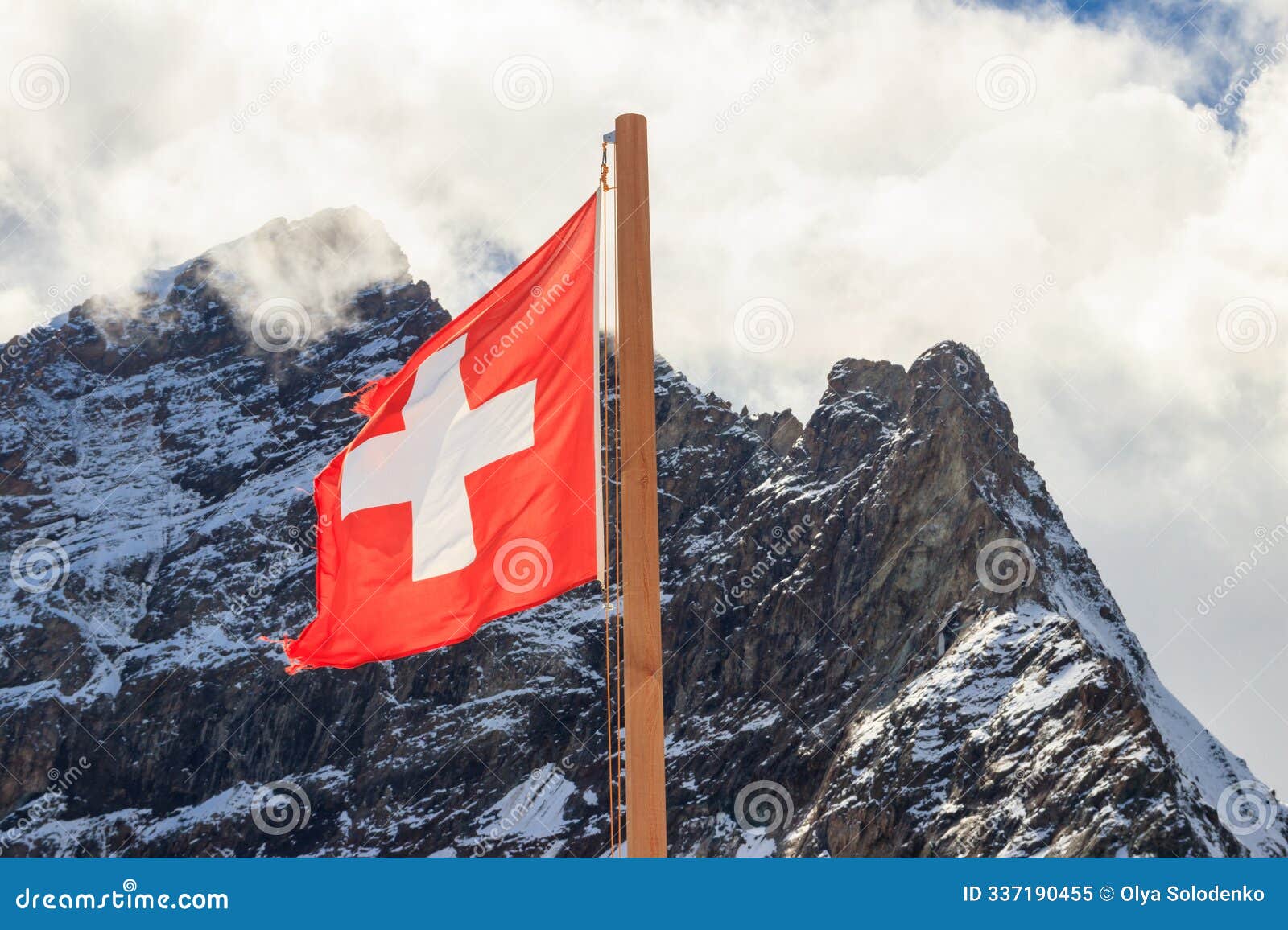 Red Swiss Flag Over the Swiss Alps Stock Image - Image of cliff, europe ...