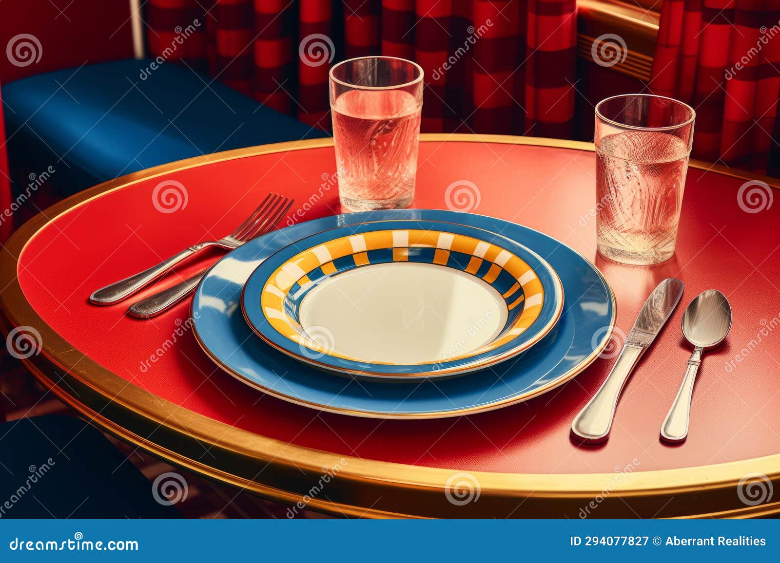 A Red Table with a Blue and Gold Checkered Tablecloth Stock ...