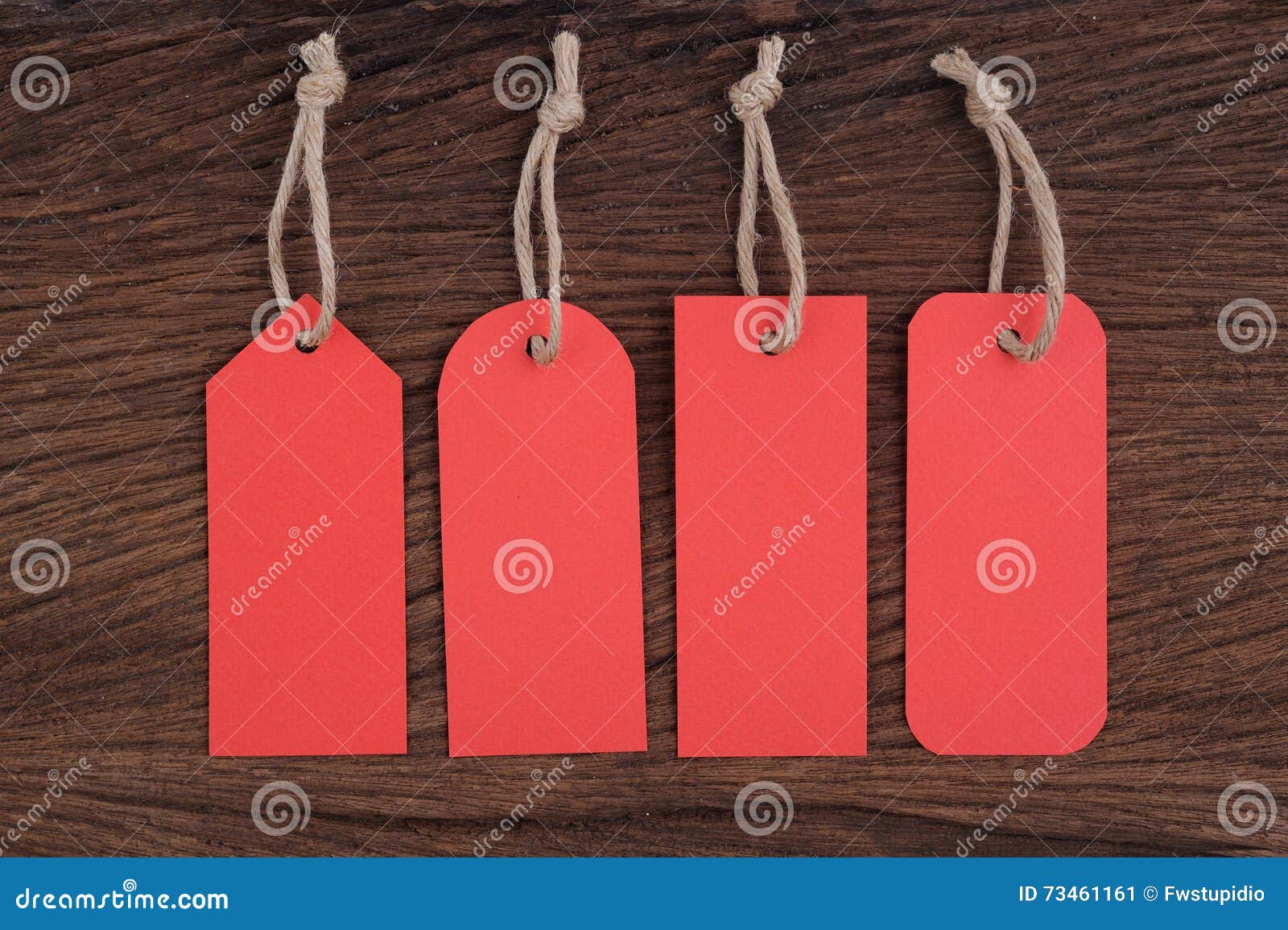 4 Red Tags on Wood Table for Text and Promotion Stock Image - Image of ...