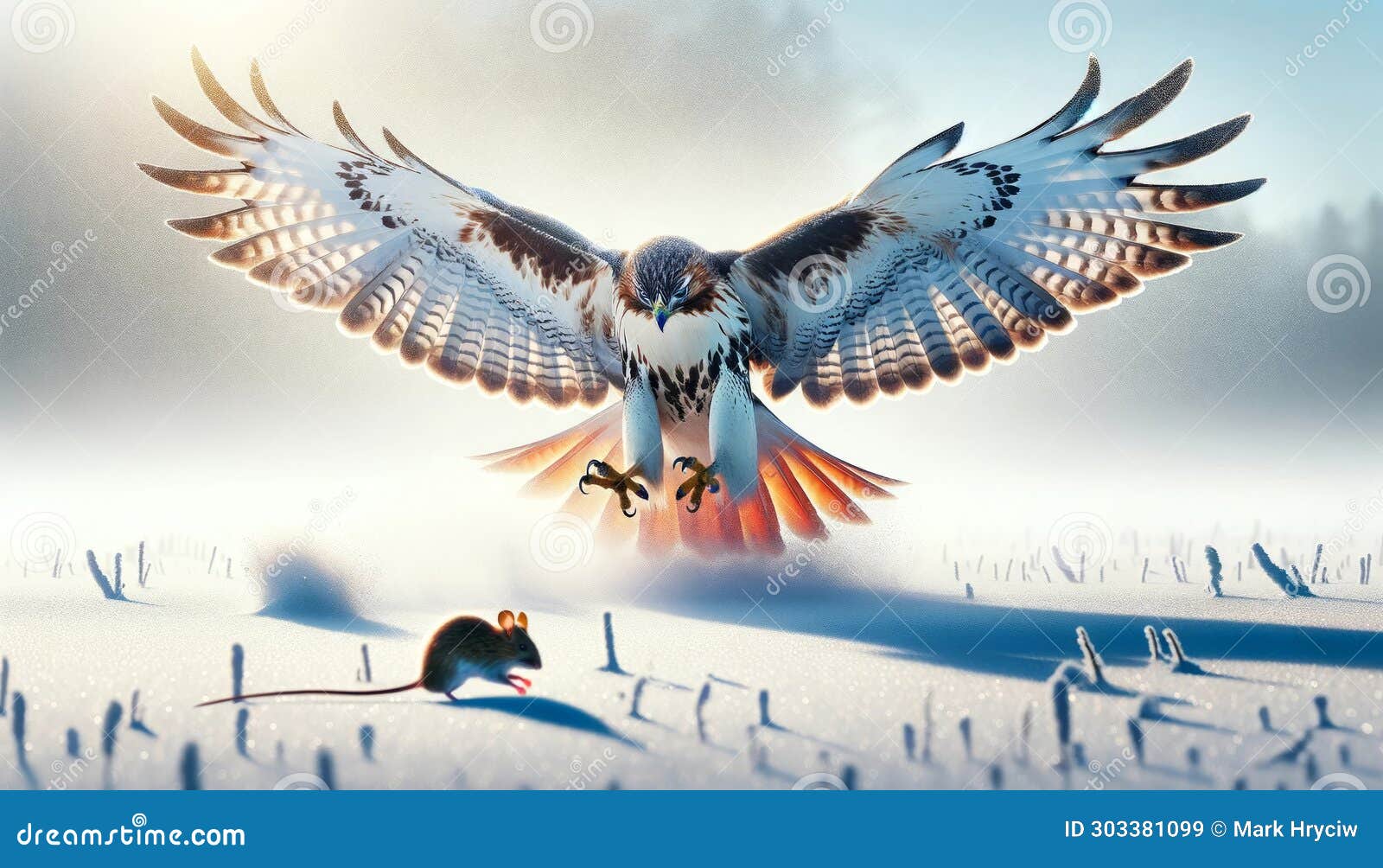 A Red Tailed Hawk About To Catch An Oblivious Mouse In Winter Ai Generated Stock Illustration