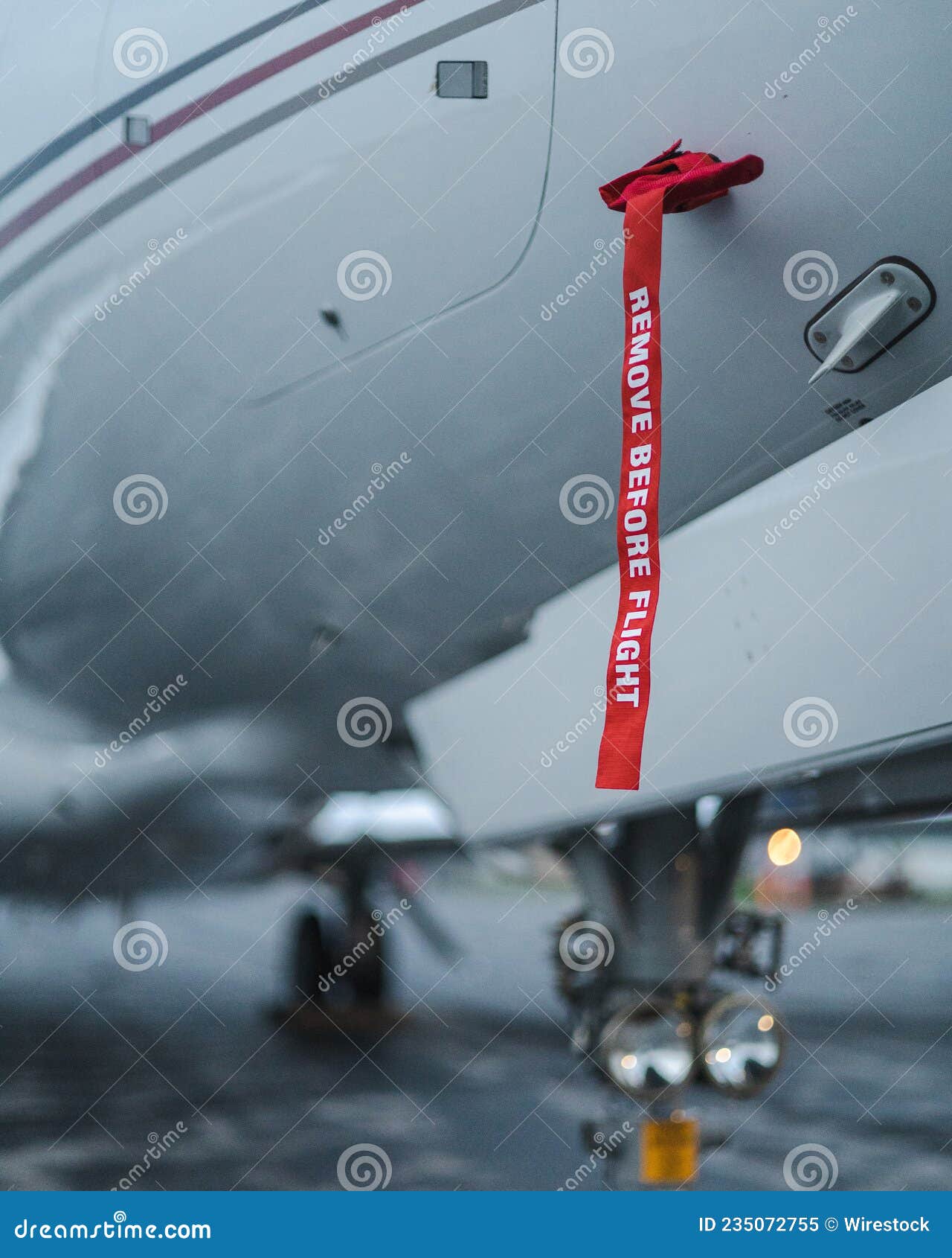 Red Tape with the Writing "remove before Flight" Hanging on the Plane ...