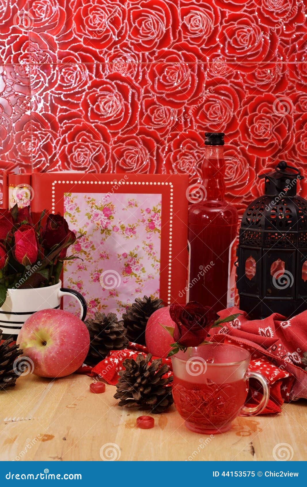Red Theme Rose Vintage Lamp Apple Decor Idea Backround Stock Image ...
