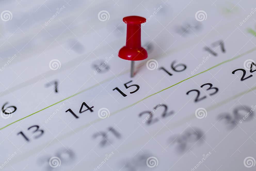 Red Thumb Tack on Calendar Page Stock Image - Image of number, straight ...