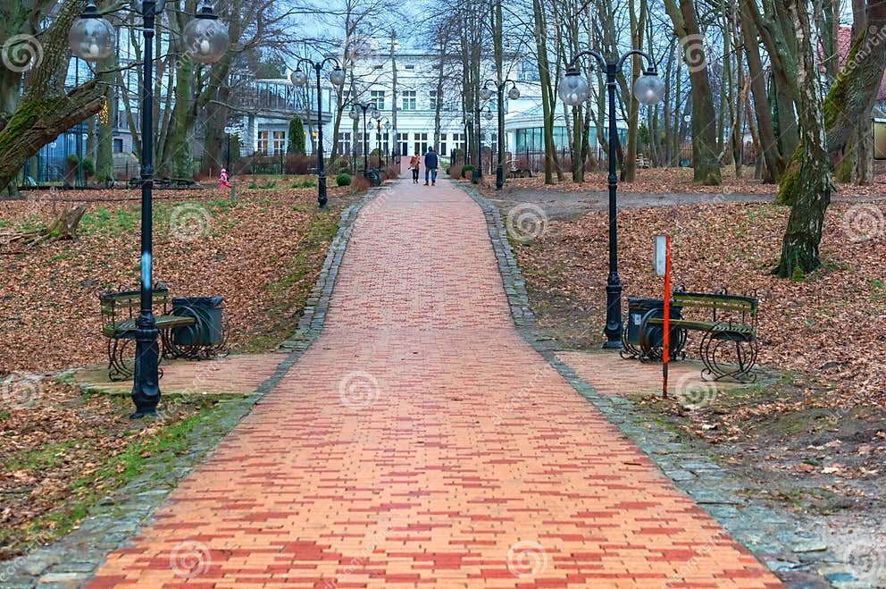 Red Tile Path in the Park, Walking Path in the Spring Park Editorial ...
