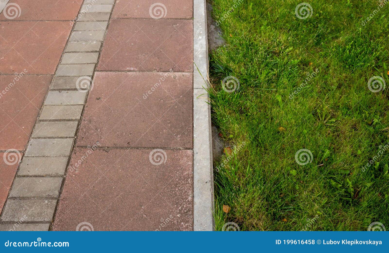 Red Tile Sidewalk with Green Lawn.City Sidewalk Stock Photo - Image of ...