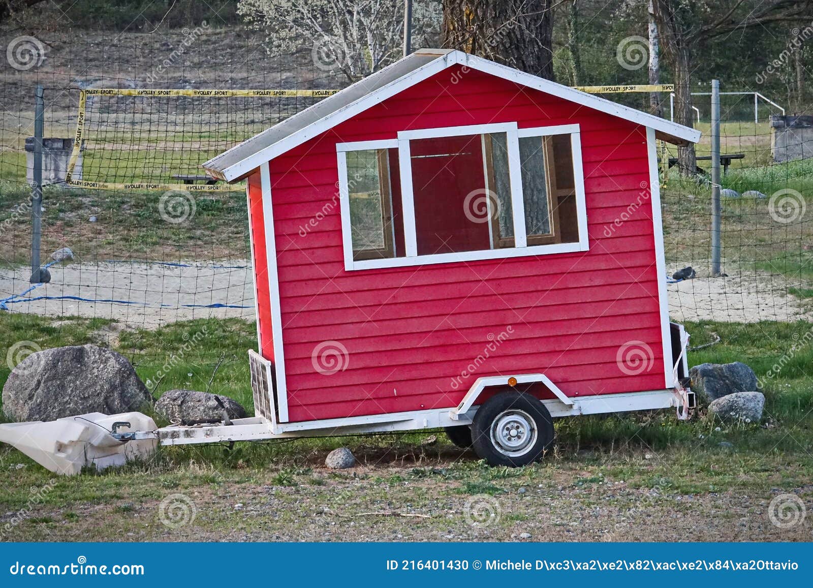 Red Tiny House, The Transportable Mini House On Wheels Stock Photo ...