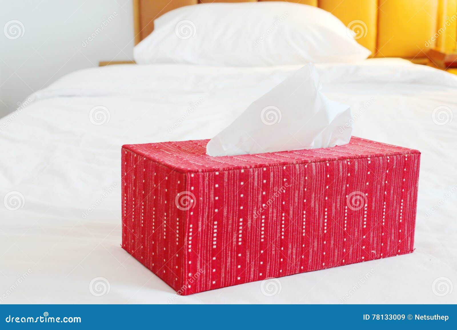Red Tissue Paper Box on Spacious Bed Stock Image - Image of decorative ...