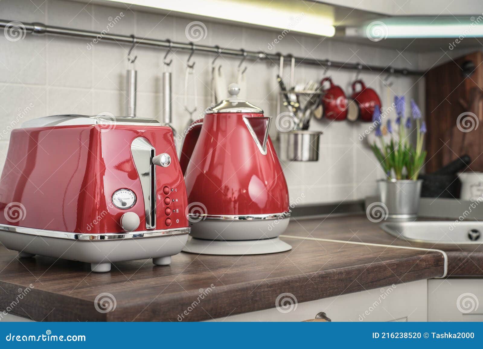 Red Toaster and Electric Kettle in Retro Slile Stock Photo - Image of ...