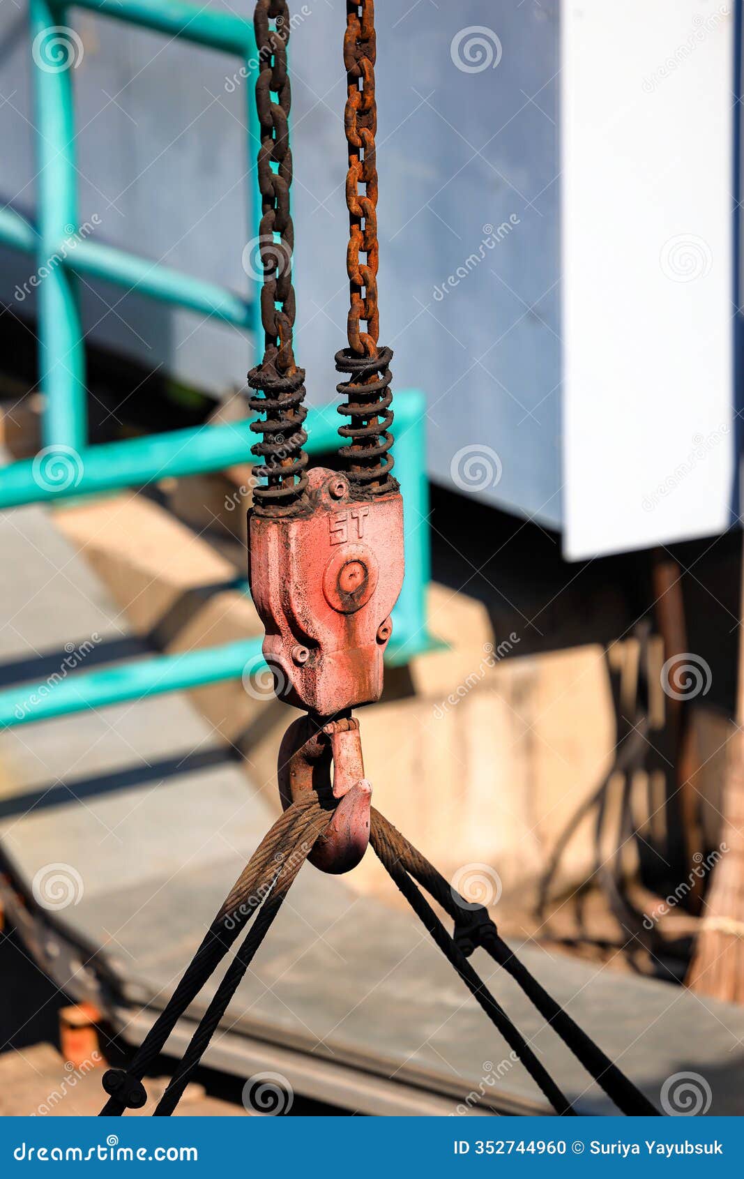 Red 5 Tons Industrial Hook with Chains or Chain Hoist on Duty at ...