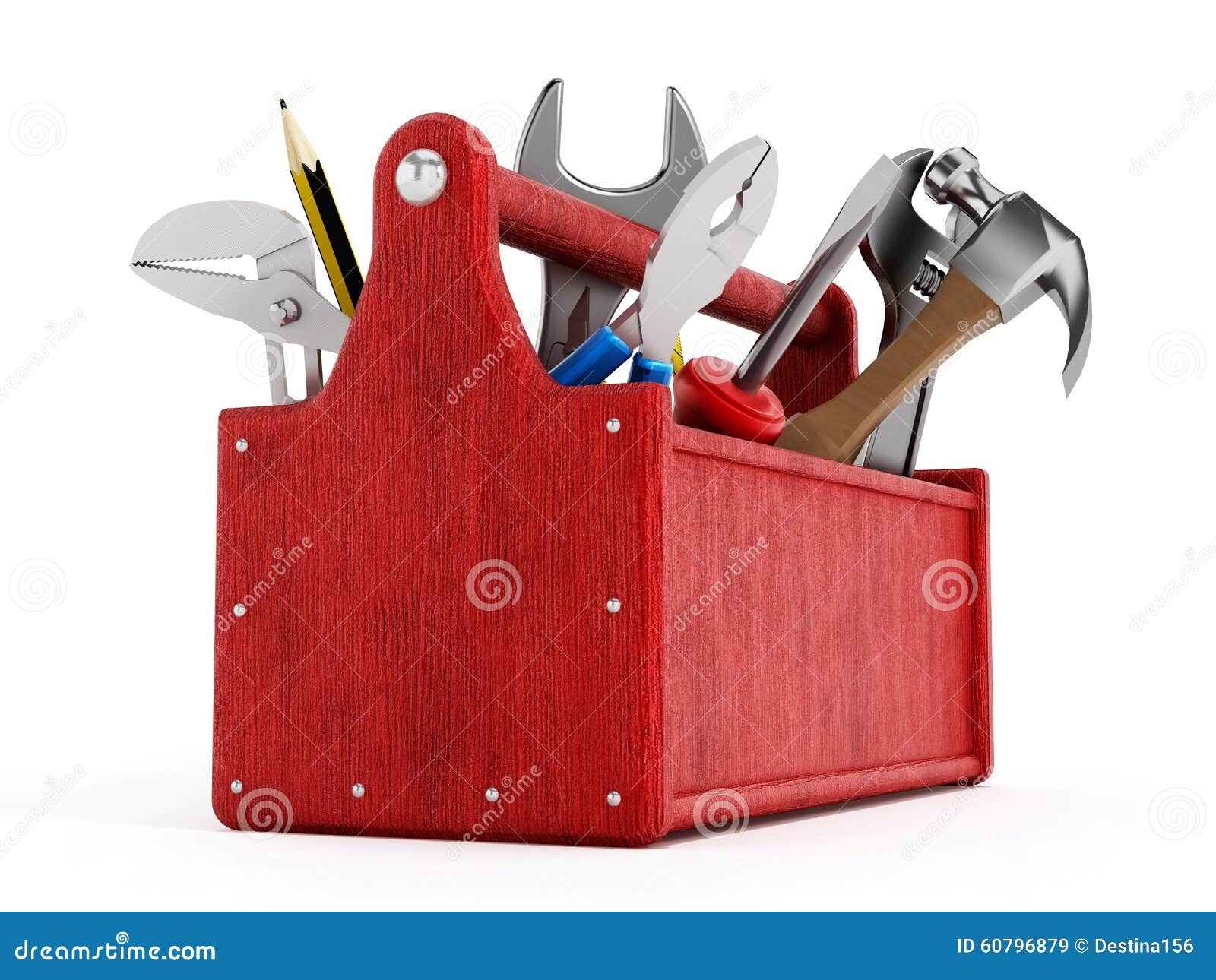 Full Toolbox With Tools. Wooden Tool Box. Hammer And Drill. Wrench And ...