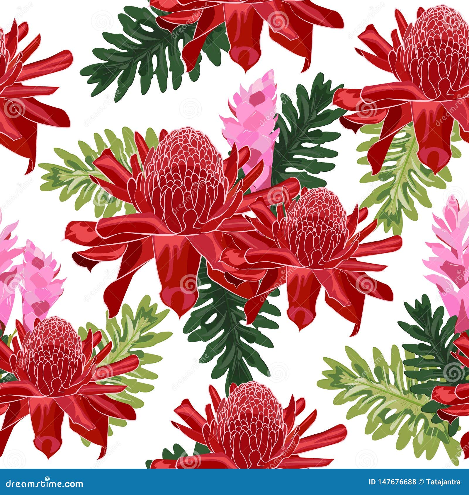 Red Torch Ginger Seamless Pattern with Tropical Leaves Stock Vector ...