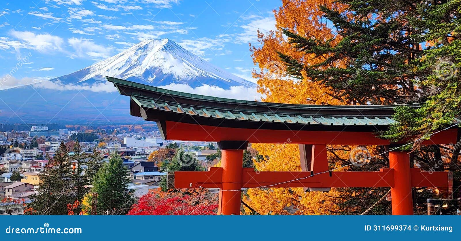 Red Torii in Front of Mt. Fuji with Snow Cap Stock Photo - Image of ...