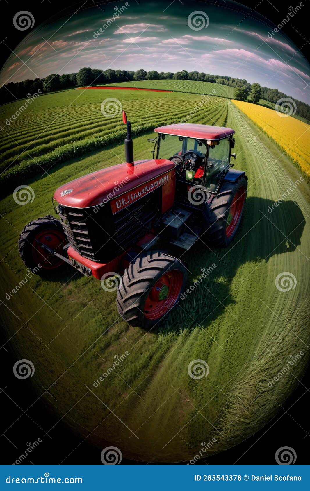 A Red Tractor Driving Down a Lush Green Field. Generative AI Stock ...