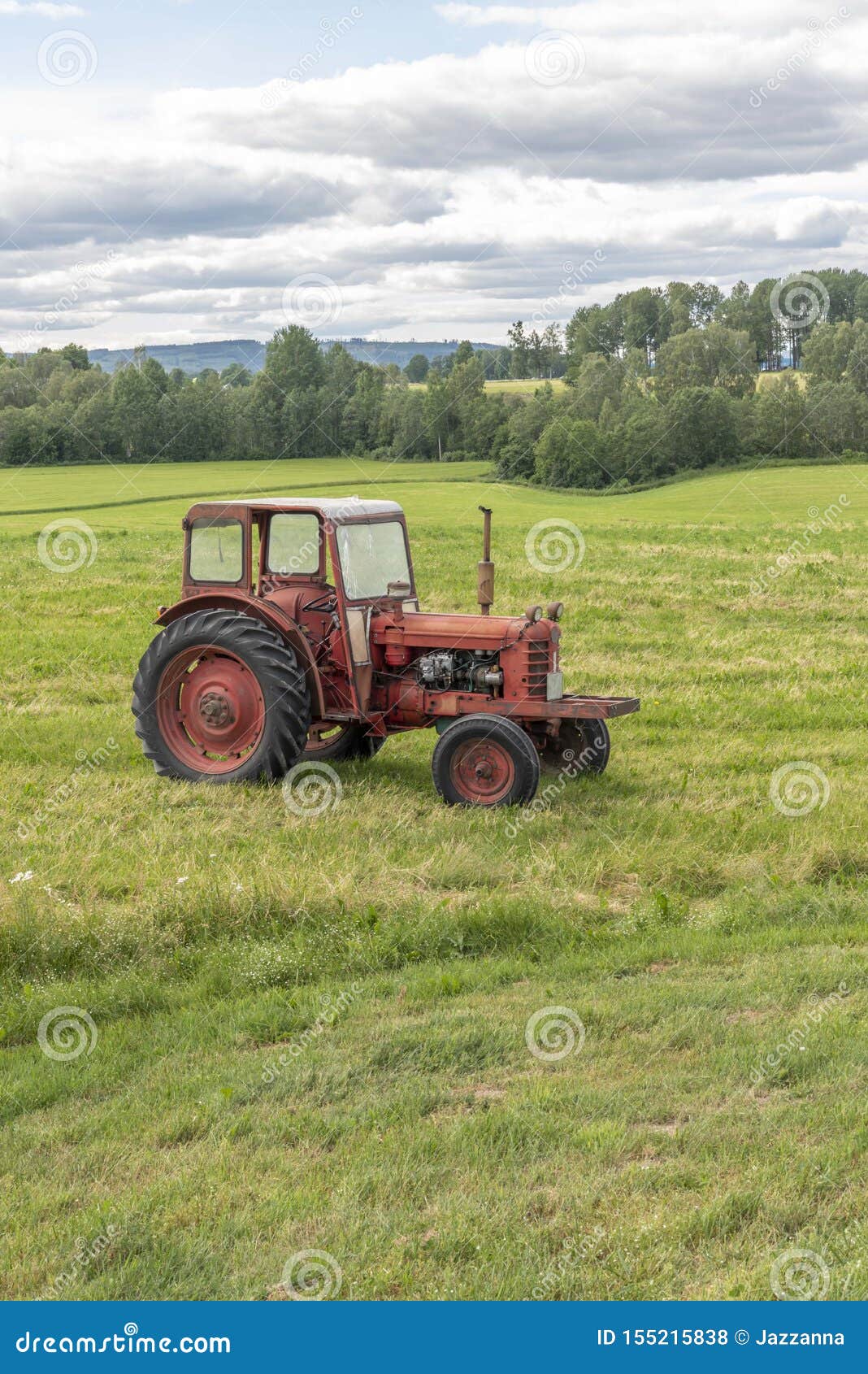 Red Tractor in Farming Landscape Stock Photo - Image of tractor, field ...