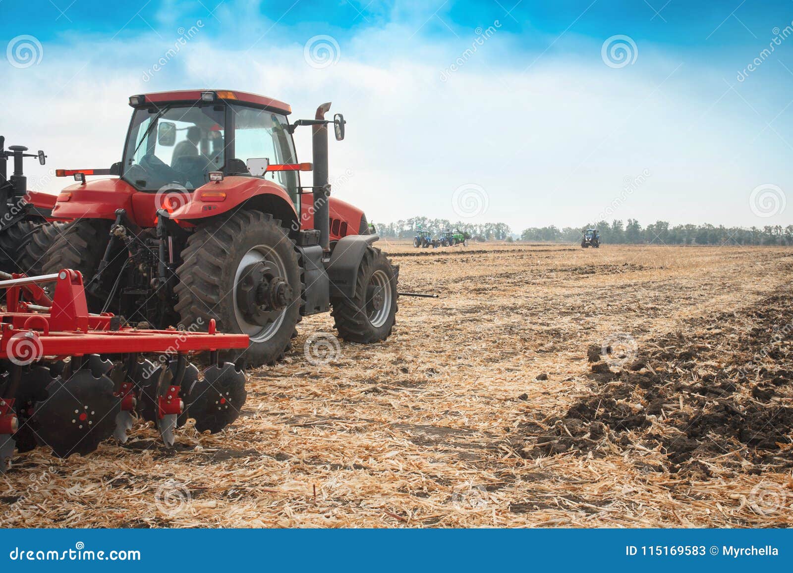 Red Tractor in the Field on a Bright Sunny Day. Stock Image - Image of ...