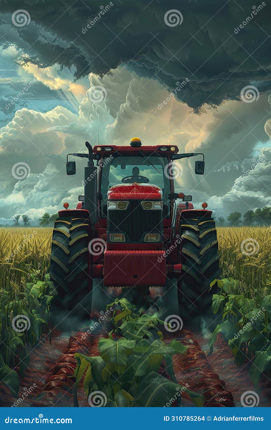 Red Tractor in Field with Dramatic Storm Clouds Overhead. Stock Photo ...