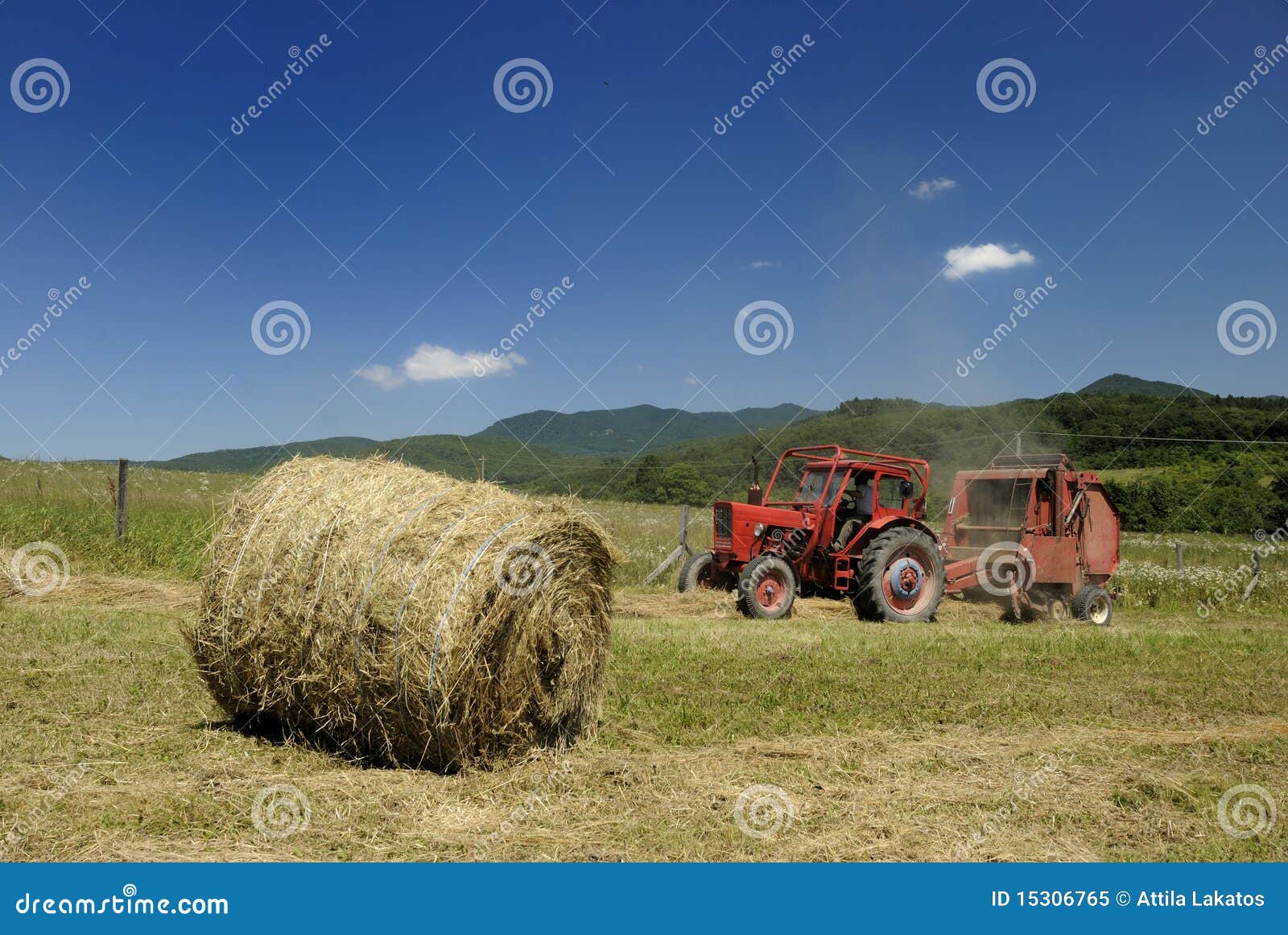 Red tractor and hay baler stock image. Image of harvest - 15306765