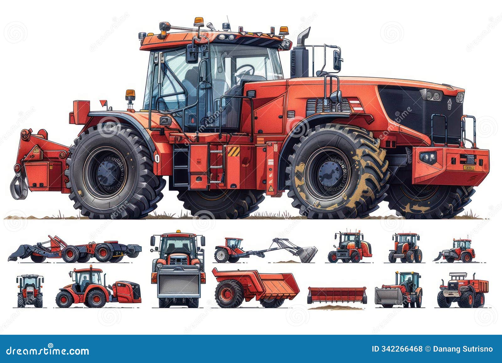 A Red Tractor with Various Attachments Shown in Different Angles ...