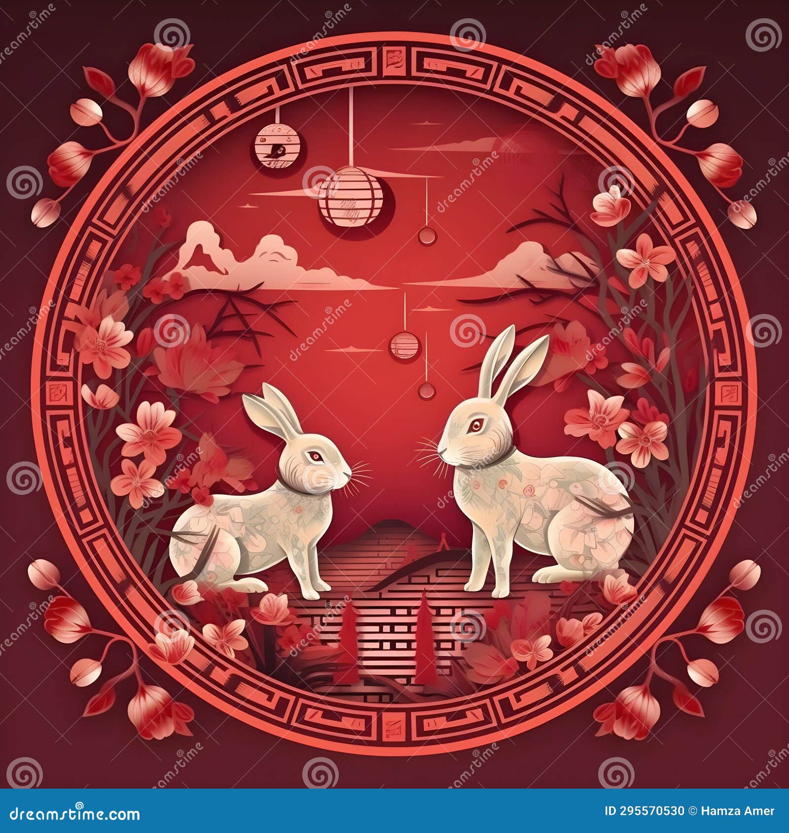 Red Traditional Chinese Designs with Rabbits,Generative AI Stock ...