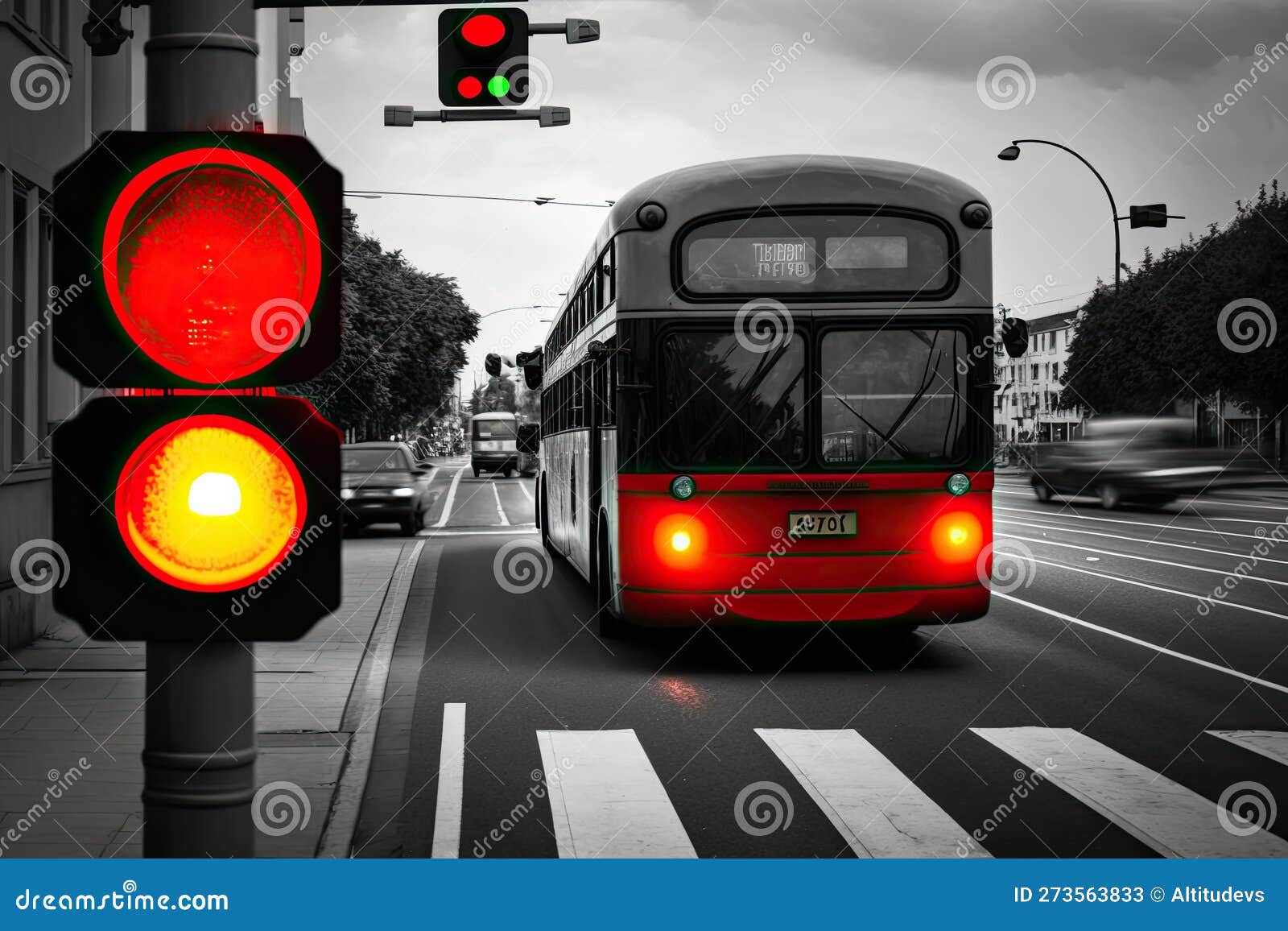 Red Traffic Light, with Bus Making Stop and Passenger Getting on or Off ...