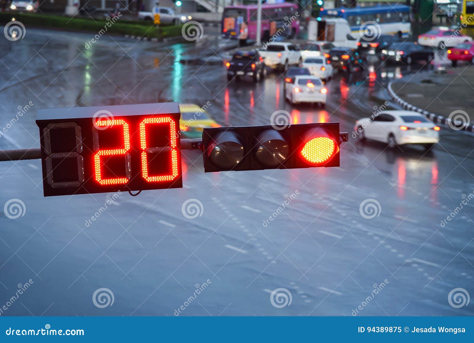 Red Traffic Light with Count Numbers Traffic Jam Background Stock Image ...