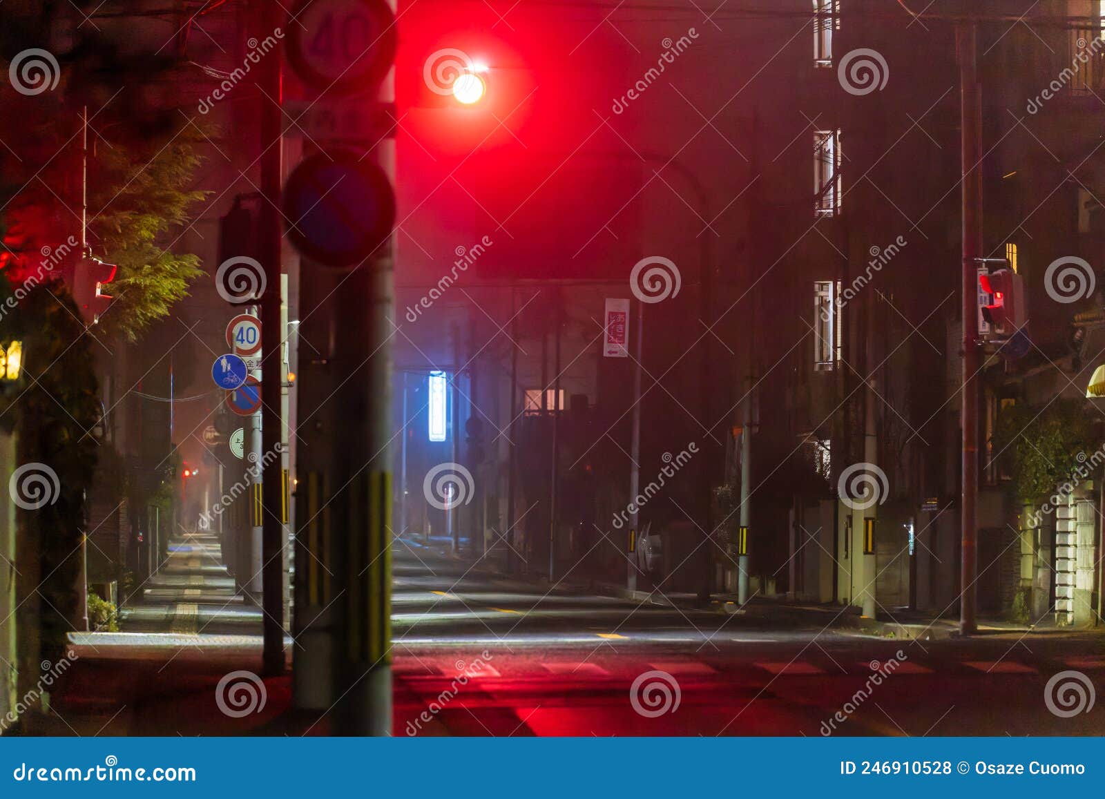 Red Traffic Light in Mist Over Empty Intersection and Sidewalk at Night ...