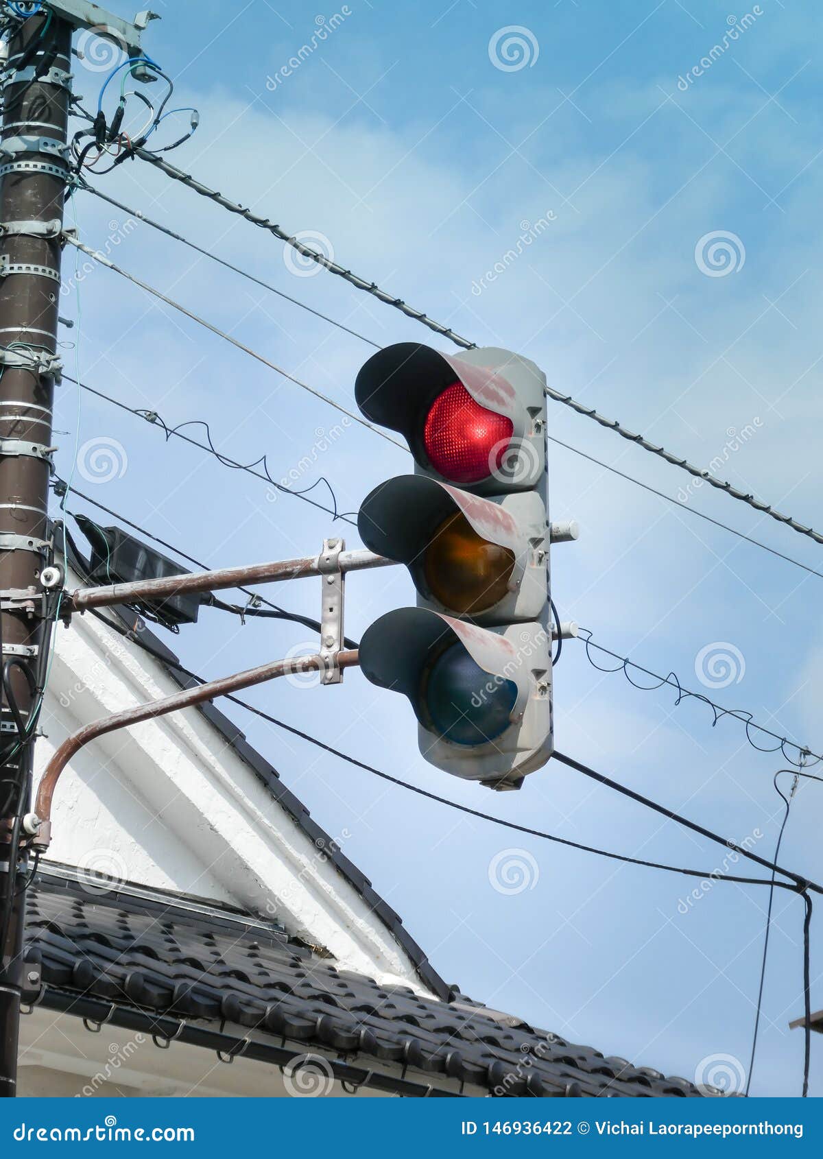 Red Traffic Light Over Urban Intersection. Stock Photo - Image of ...
