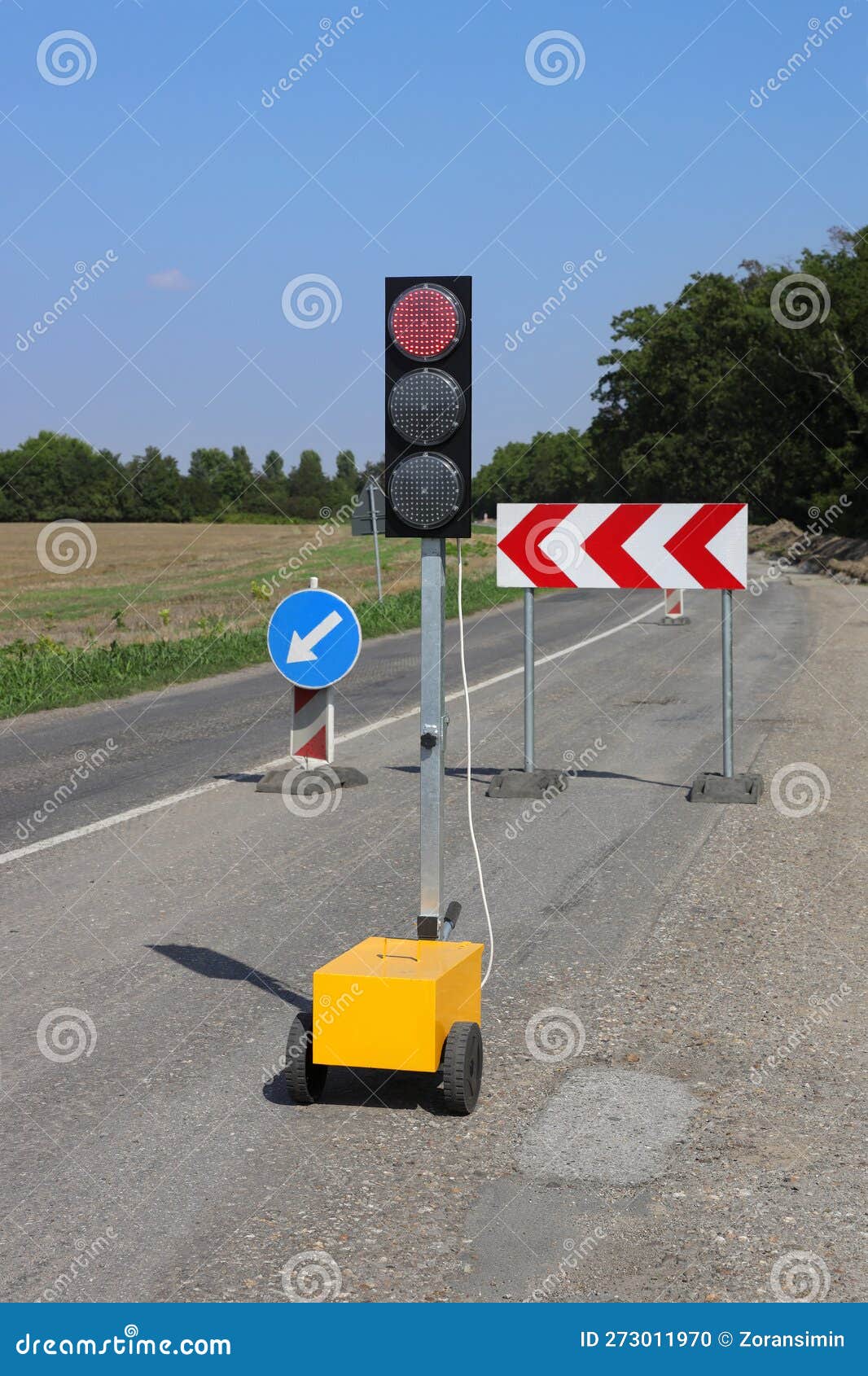 Red Traffic Light and Road Works Stock Photo - Image of line, sign ...