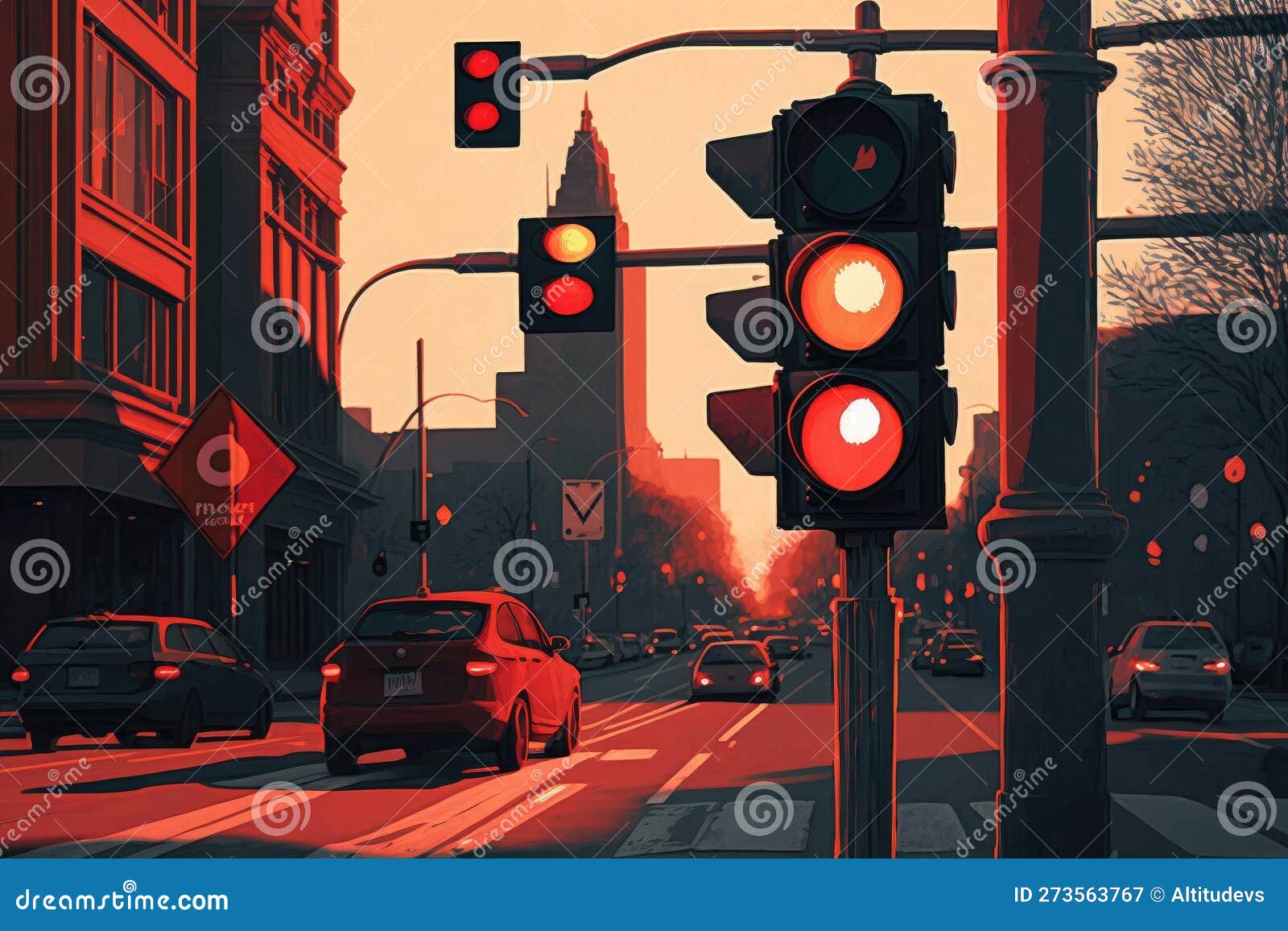 Red Traffic Light, with View of Busy Intersection, during Rush Hour ...