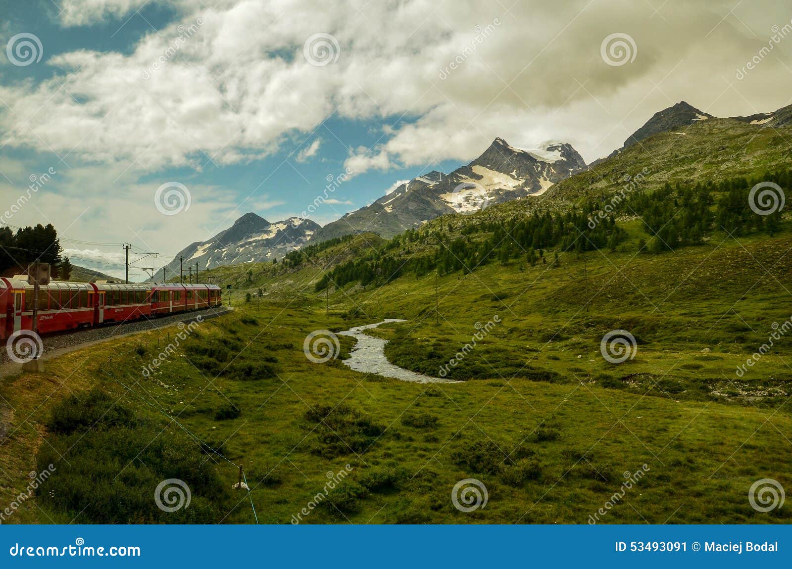 Red Train through the Alps in Switzerland Stock Image - Image of trees ...