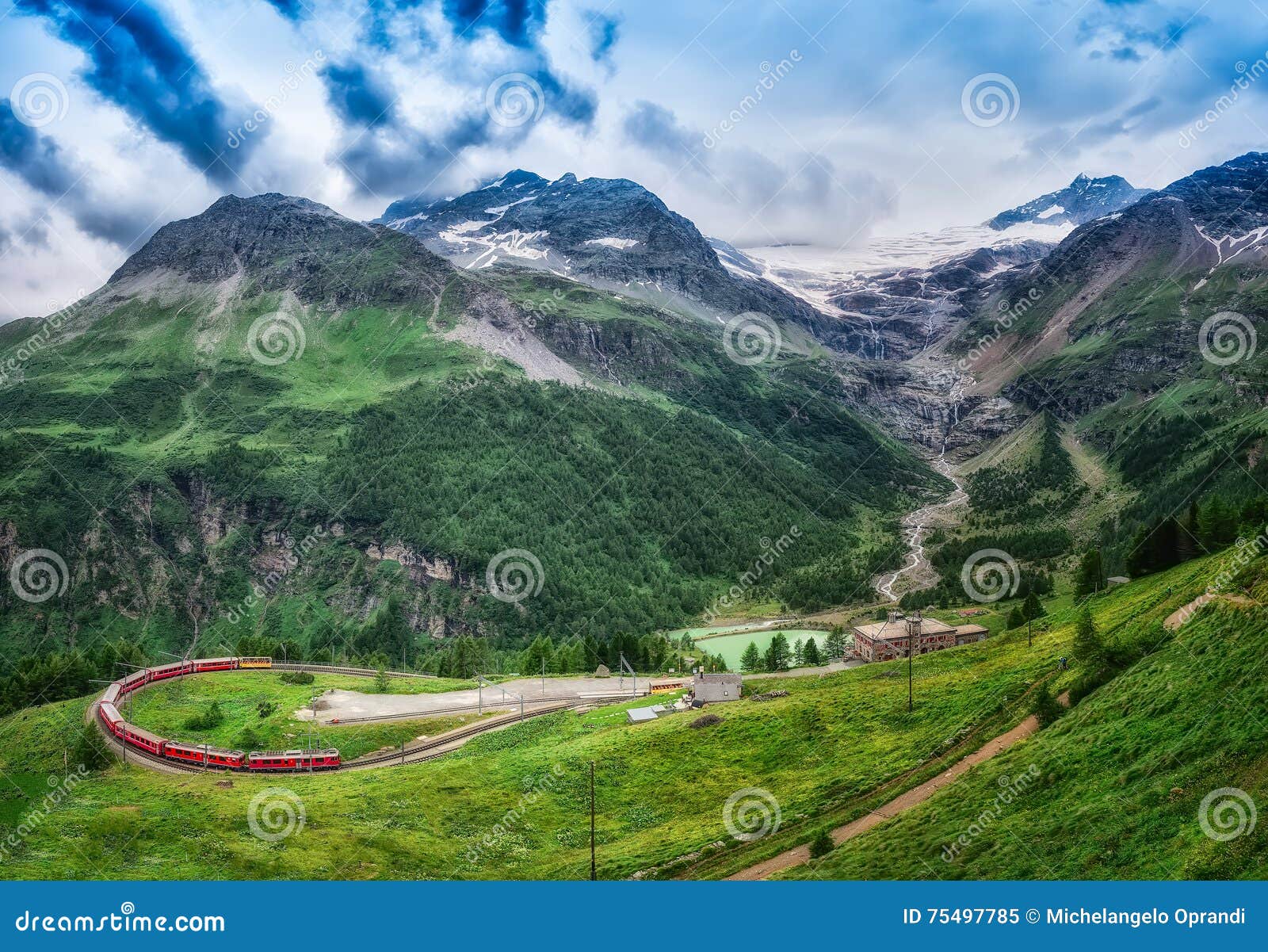 Red Train Bernina Express To the Passage in the Mountains. Stock Image ...