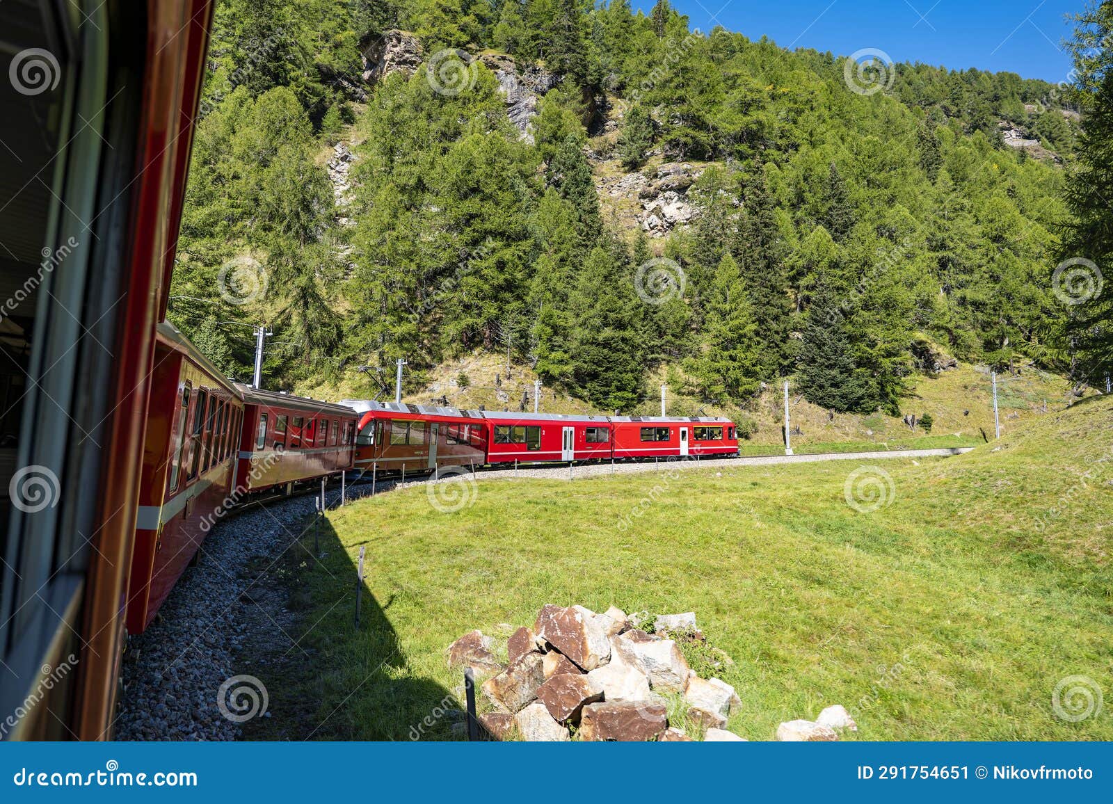 Red Train of Bernina in the Swiss Alps Stock Image - Image of scenic ...