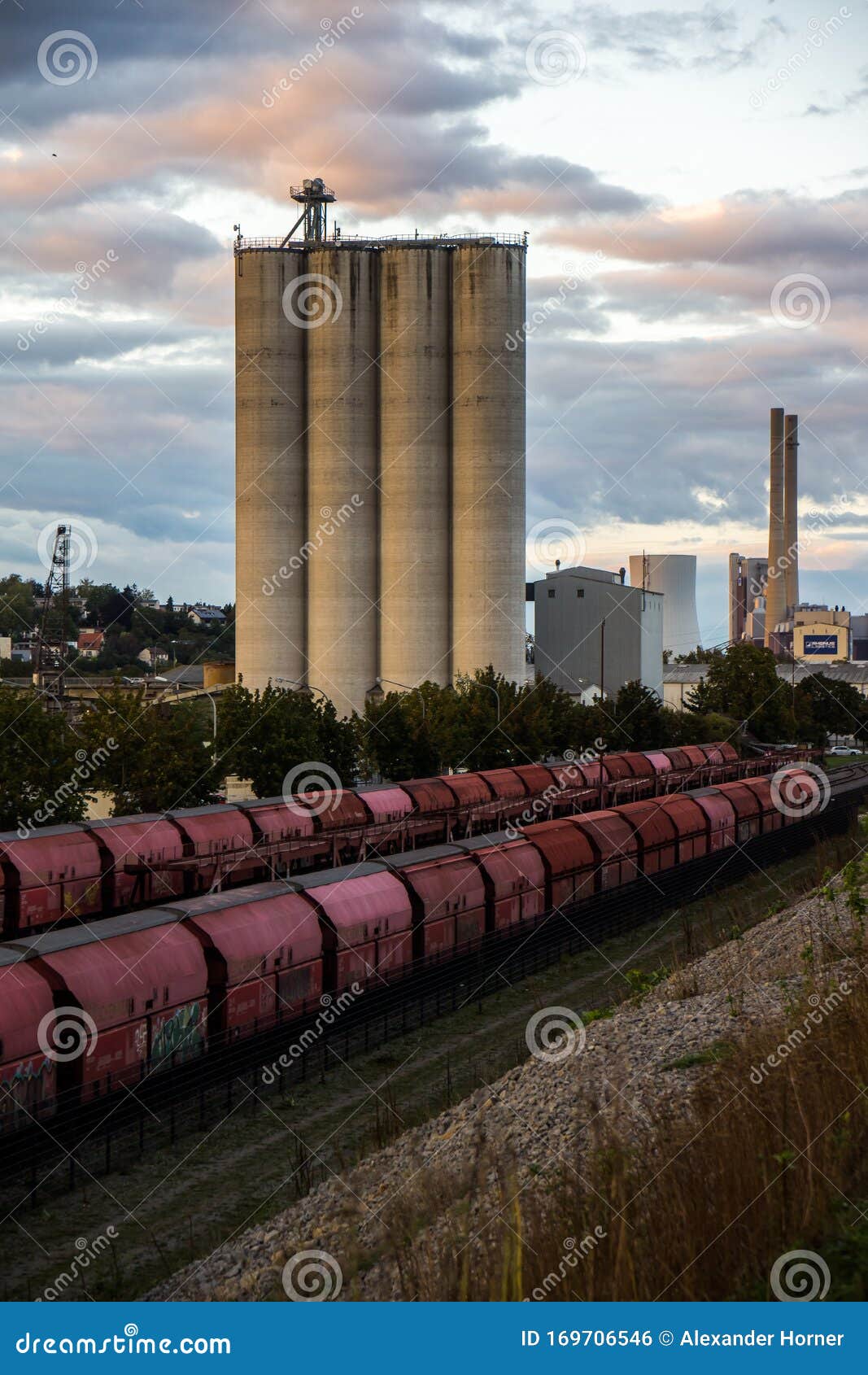 Red Train Containers at Railroad Junction with Silos Editorial Photo ...