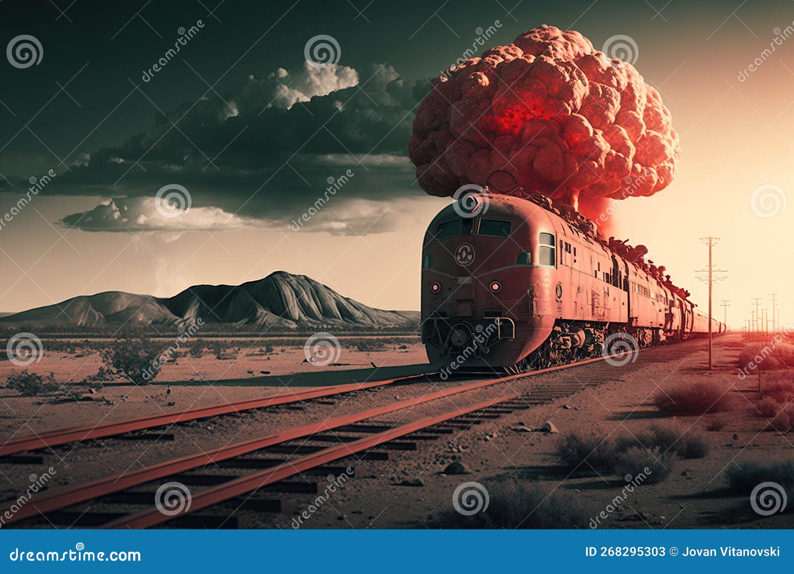 A Red Train in Front of a Gigantic Nuclear Explosion - Created by ...