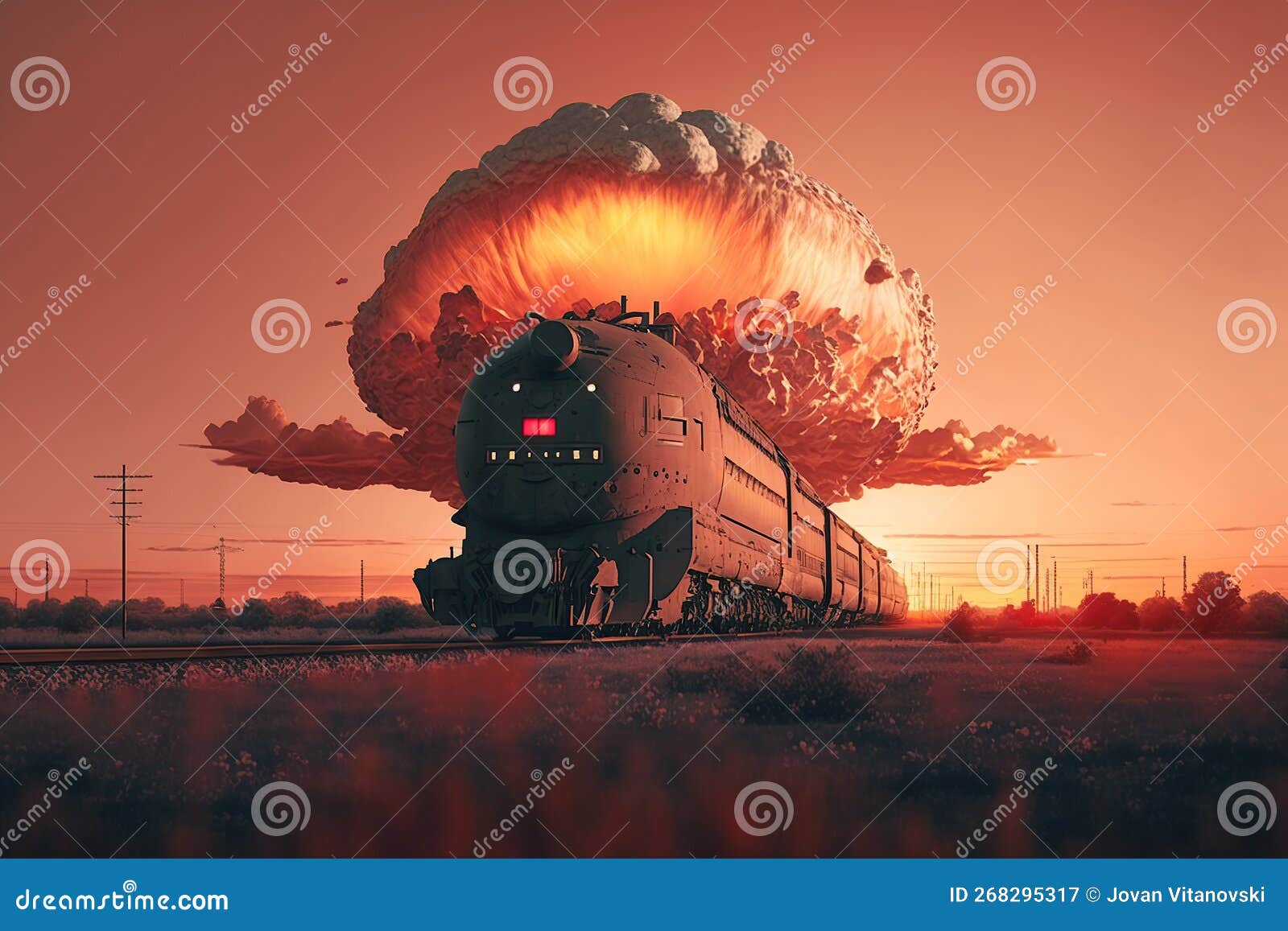 A Red Train in Front of a Gigantic Nuclear Explosion - Created by ...